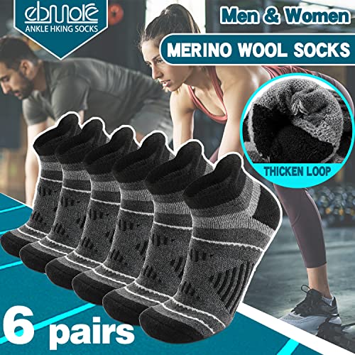 Merino Wool Ankle Hiking Socks Compression Warm Winter Thermal Thick Cushion No Show Running Moisture Wicking Socks Gifts Stocking Stuffers for Men Women 6 Pairs(Black,L)