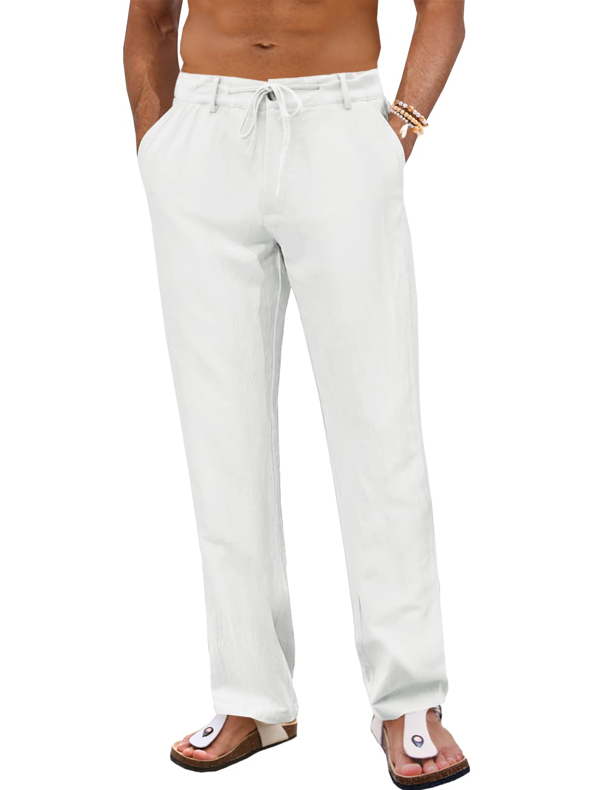 PASLTER Mens Cotton Pants Drawstring Casual Jogger Yoga Beach Pant Elastic Waist Slim Fit Trousers for Men White