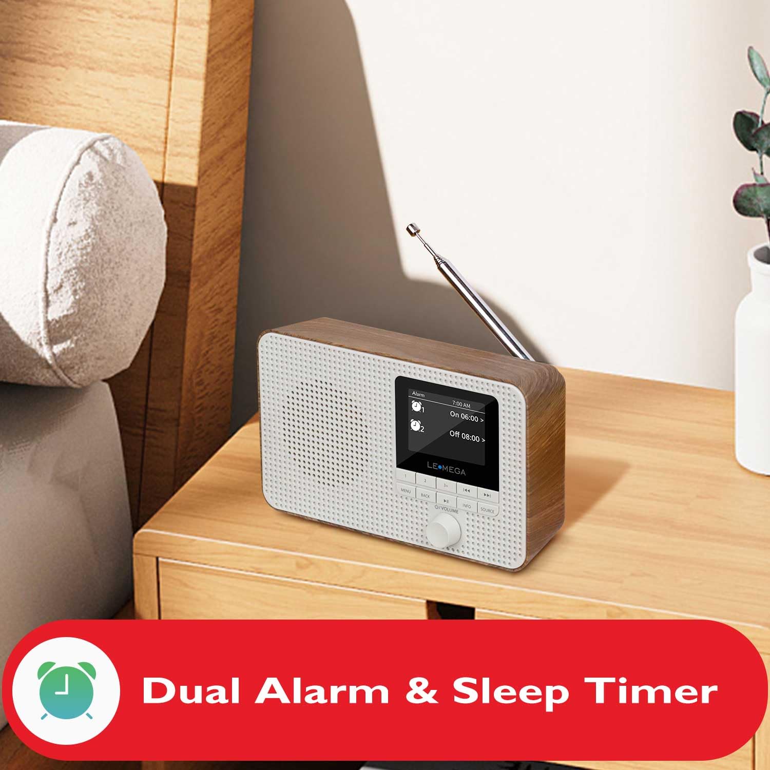 LEMEGA IR1 Portable WiFi Internet Radio,FM Digital Radio,Bluetooth Speaker,Dual Alarms Clock,Sleep Snooze Timer,40 Presets, Headphone-Output,Colour Display,Batteries or Mains Powered โ Walnut Finish