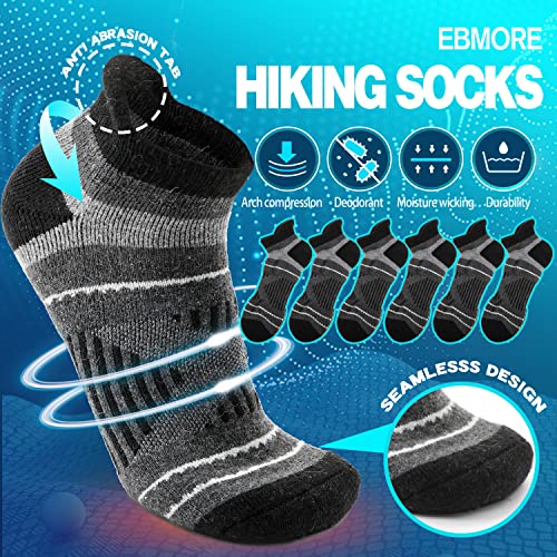 Merino Wool Ankle Hiking Socks Compression Warm Winter Thermal Thick Cushion No Show Running Moisture Wicking Socks Gifts Stocking Stuffers for Men Women 6 Pairs(Black,L)