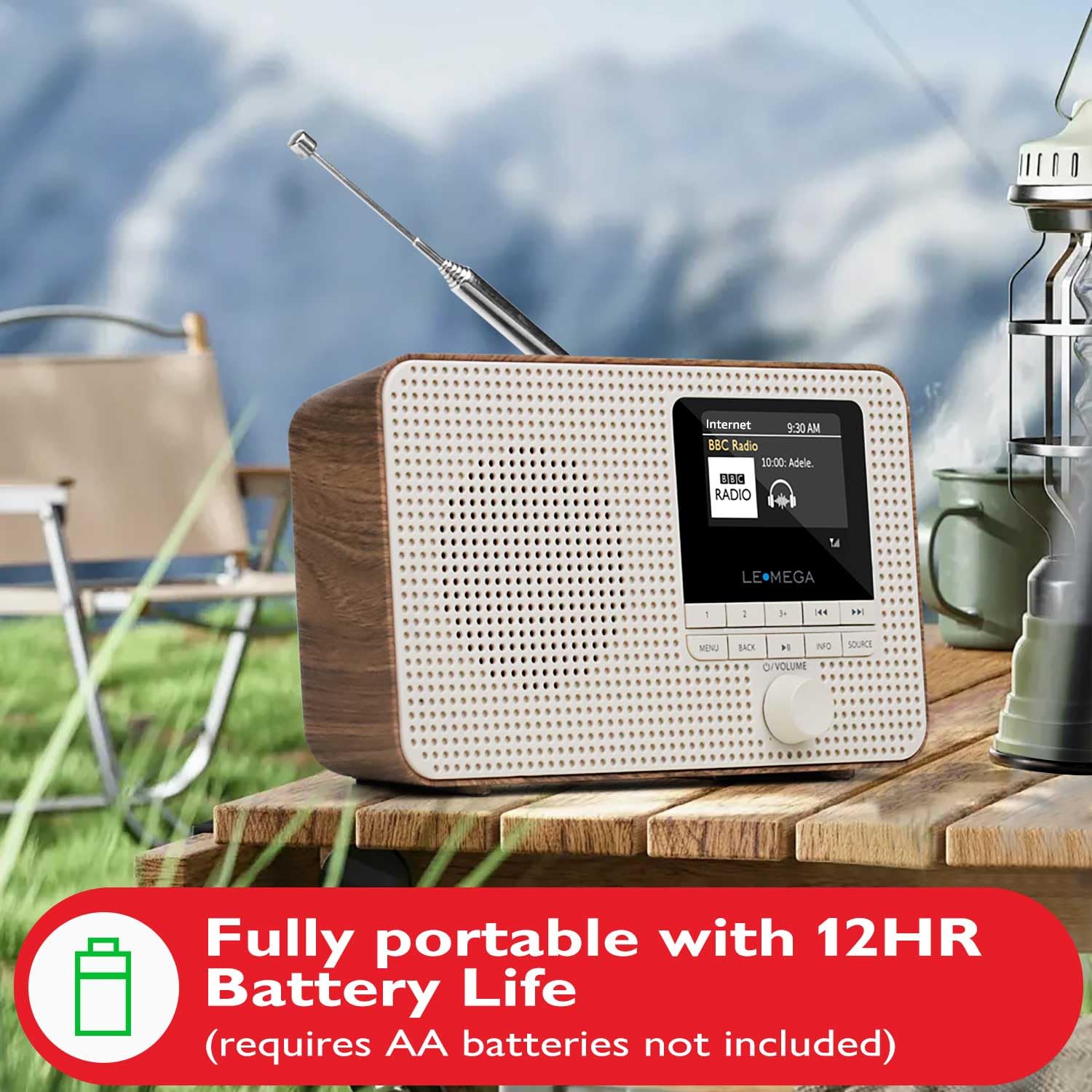 LEMEGA IR1 Portable WiFi Internet Radio,FM Digital Radio,Bluetooth Speaker,Dual Alarms Clock,Sleep Snooze Timer,40 Presets, Headphone-Output,Colour Display,Batteries or Mains Powered โ Walnut Finish