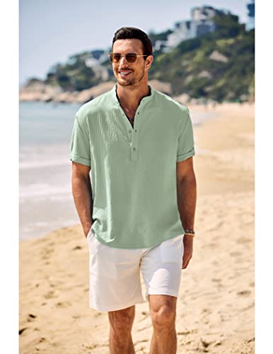 COOFANDY Men's Casual Henley Shirt Band Collar Short Sleeve Shirt Beach Shirt Light Green