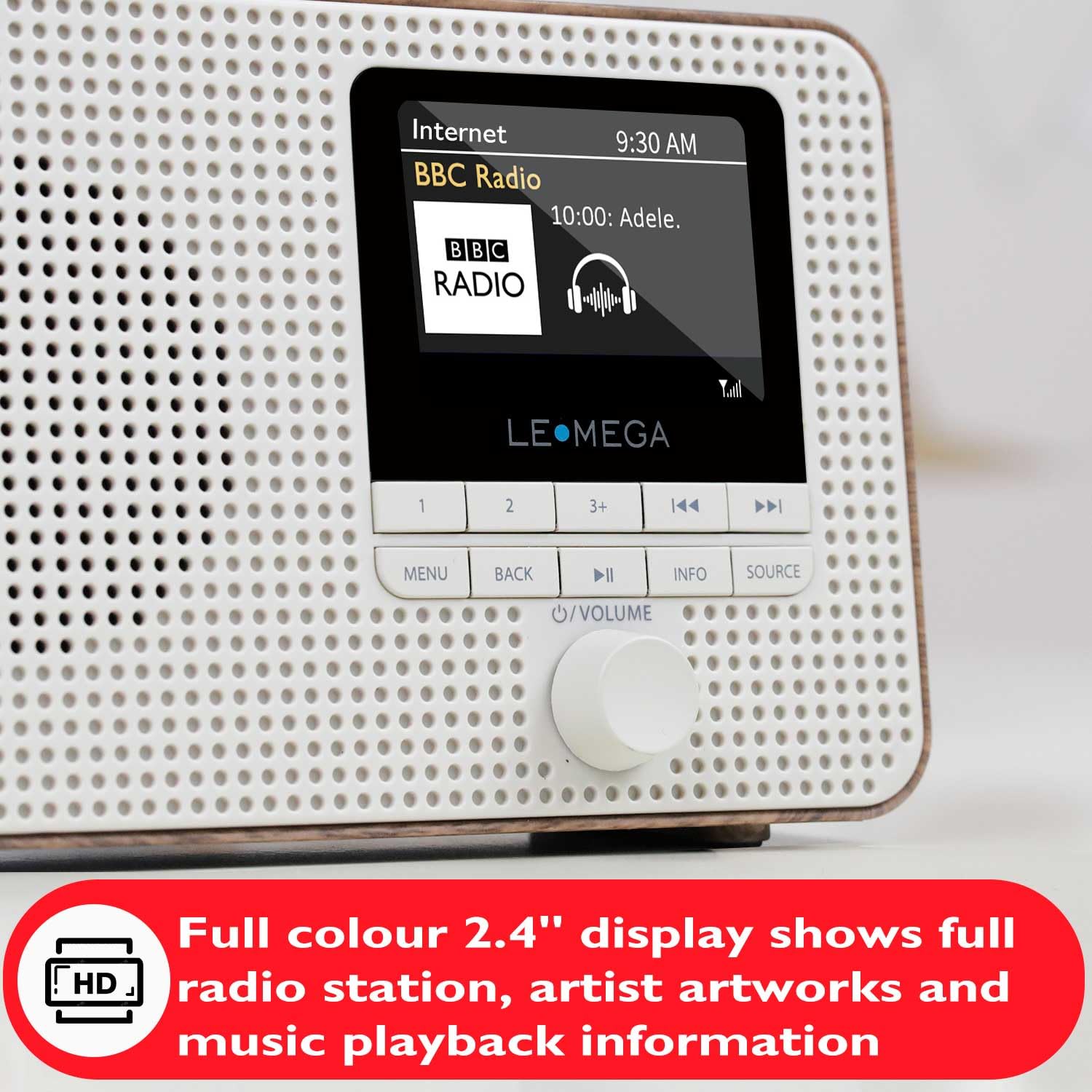LEMEGA IR1 Portable WiFi Internet Radio,FM Digital Radio,Bluetooth Speaker,Dual Alarms Clock,Sleep Snooze Timer,40 Presets, Headphone-Output,Colour Display,Batteries or Mains Powered โ Walnut Finish
