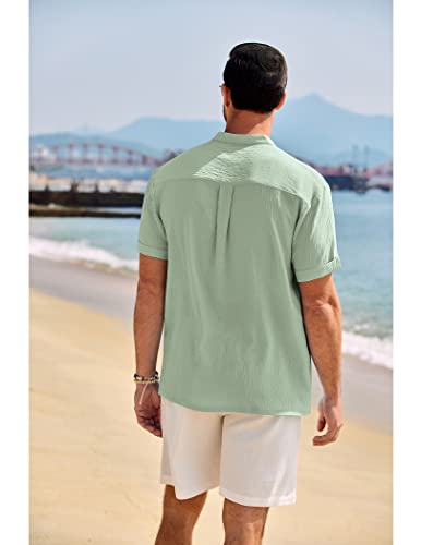 COOFANDY Men's Casual Henley Shirt Band Collar Short Sleeve Shirt Beach Shirt Light Green