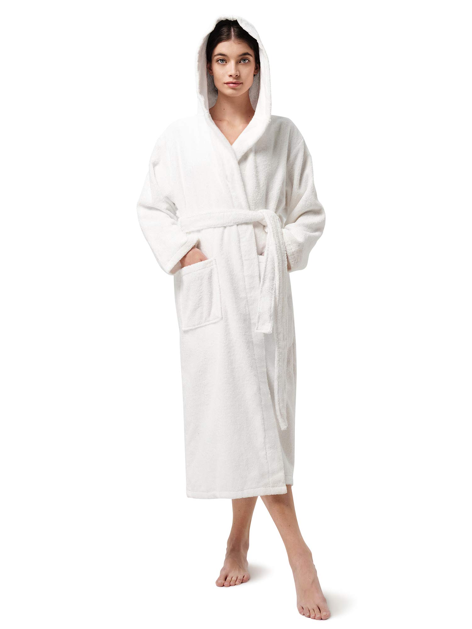 SIORO Terry Cloth Robes for Women Hooded Full Length Bathrobe Towel Cotton Fur Night Gown Spa Hotel Shower Bath Cozy Sleepwear, White Medium