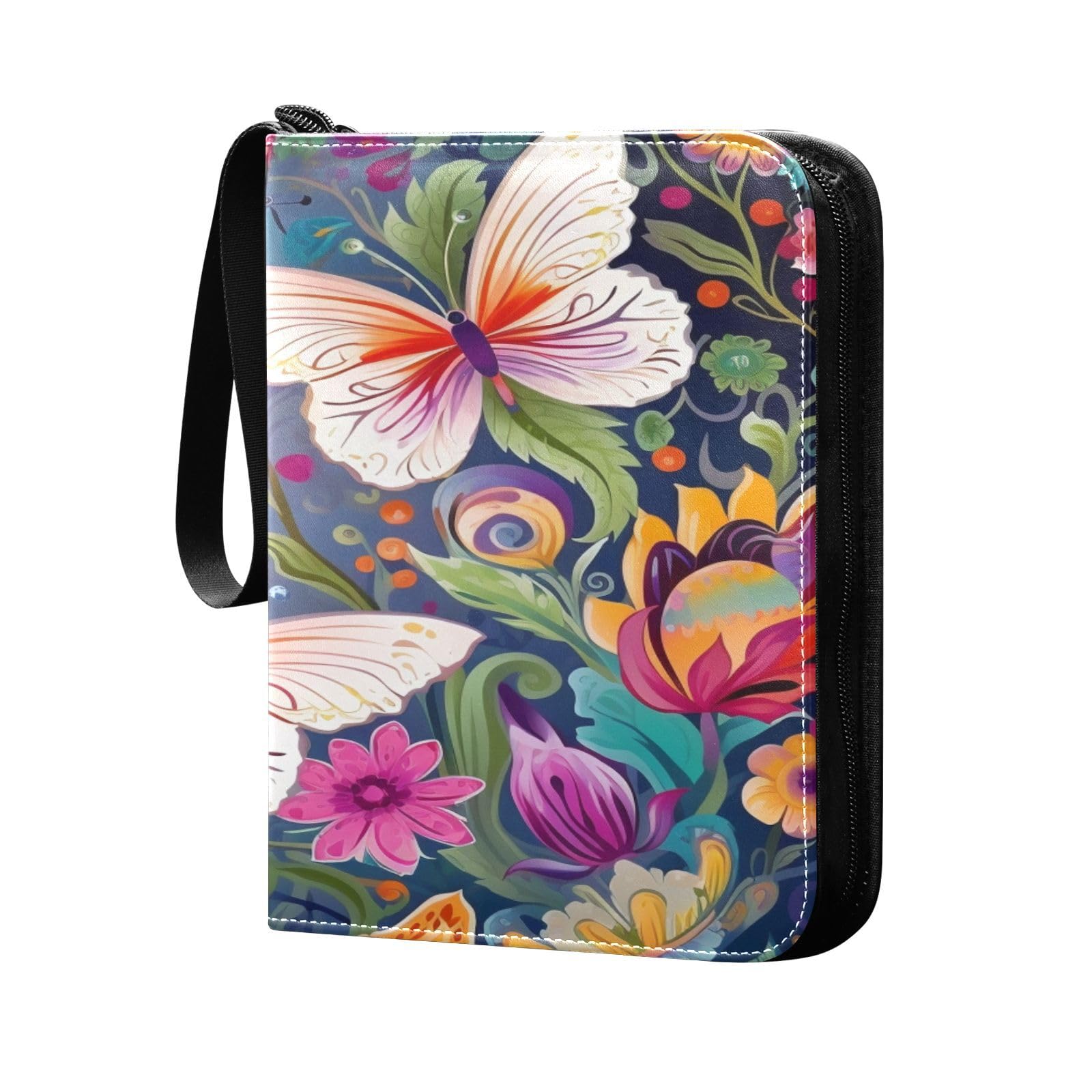 PYBUG Butterfly Trading Card Binder with Nylon Strap 4-Pocket Waterproof PU Leather Card Collection Binder for 400 Cards Sturdy Card Holder Folders for Game Cards,Sports Cards
