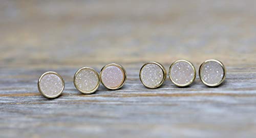 White Druzy Quartz Stud Earrings-Genuine Drusy Gemstone-Gold-8mm-Jewelry Gift Idea-Holiday-Stocking Stuffer-New Years (White Druzy)
