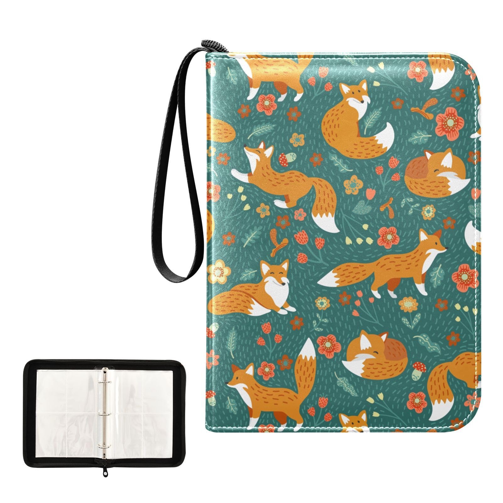 PYBUG Fox Trading Card Binder with Nylon Strap 4-Pocket Waterproof PU Leather Card Collection Binder for 400 Cards Sturdy Card Holder Folders for Game Cards,Sports Cards