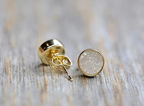 White Druzy Quartz Stud Earrings-Genuine Drusy Gemstone-Gold-8mm-Jewelry Gift Idea-Holiday-Stocking Stuffer-New Years (White Druzy)
