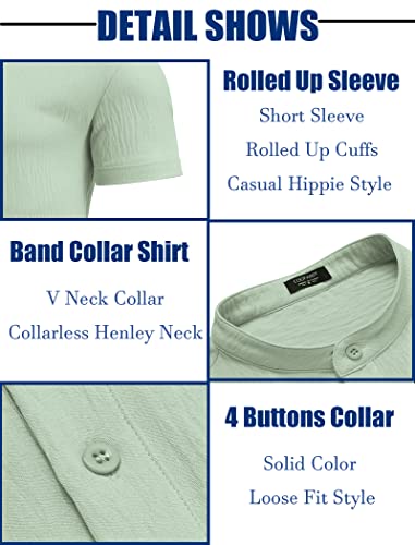 COOFANDY Men's Casual Henley Shirt Band Collar Short Sleeve Shirt Beach Shirt Light Green