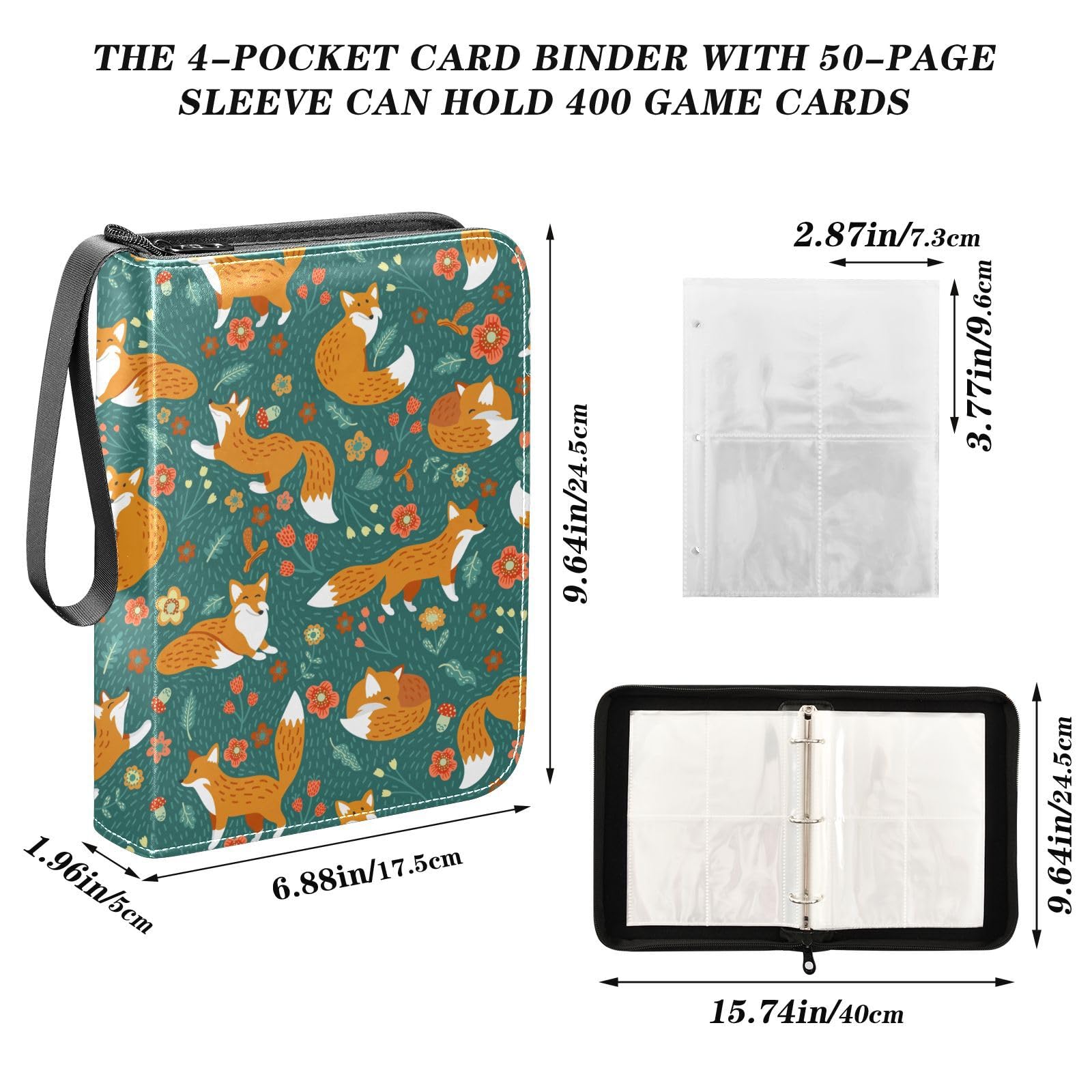 PYBUG Fox Trading Card Binder with Nylon Strap 4-Pocket Waterproof PU Leather Card Collection Binder for 400 Cards Sturdy Card Holder Folders for Game Cards,Sports Cards