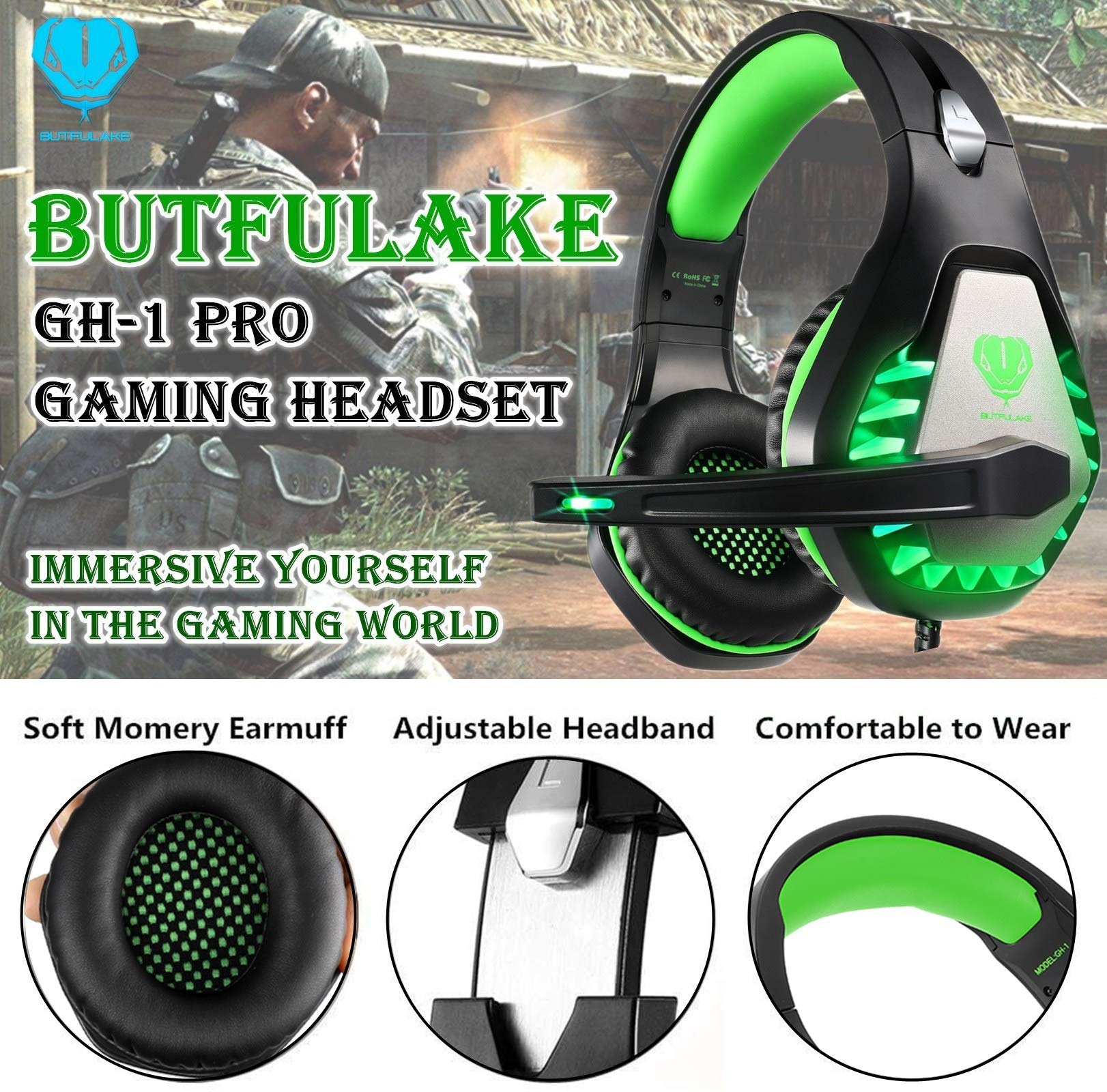 Gaming Headset for PS4, Xbox One, PC, PS5, Laptop, Mac, for Nintendo Switch, 3.5MM Noise Cancelling Over Ear Headphones with Mic, Bass Surround, Soft Memory Earmuffs Green