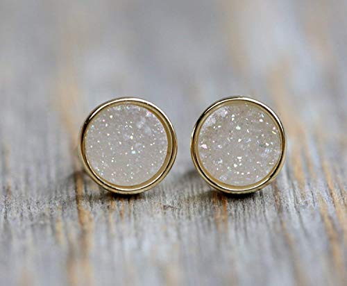 White Druzy Quartz Stud Earrings-Genuine Drusy Gemstone-Gold-8mm-Jewelry Gift Idea-Holiday-Stocking Stuffer-New Years (White Druzy)