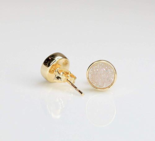 White Druzy Quartz Stud Earrings-Genuine Drusy Gemstone-Gold-8mm-Jewelry Gift Idea-Holiday-Stocking Stuffer-New Years (White Druzy)