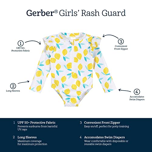 Gerber Girls' Toddler Long Sleeve One Piece Rashguard Swimsuit, White Yellow Lemons, 3T US