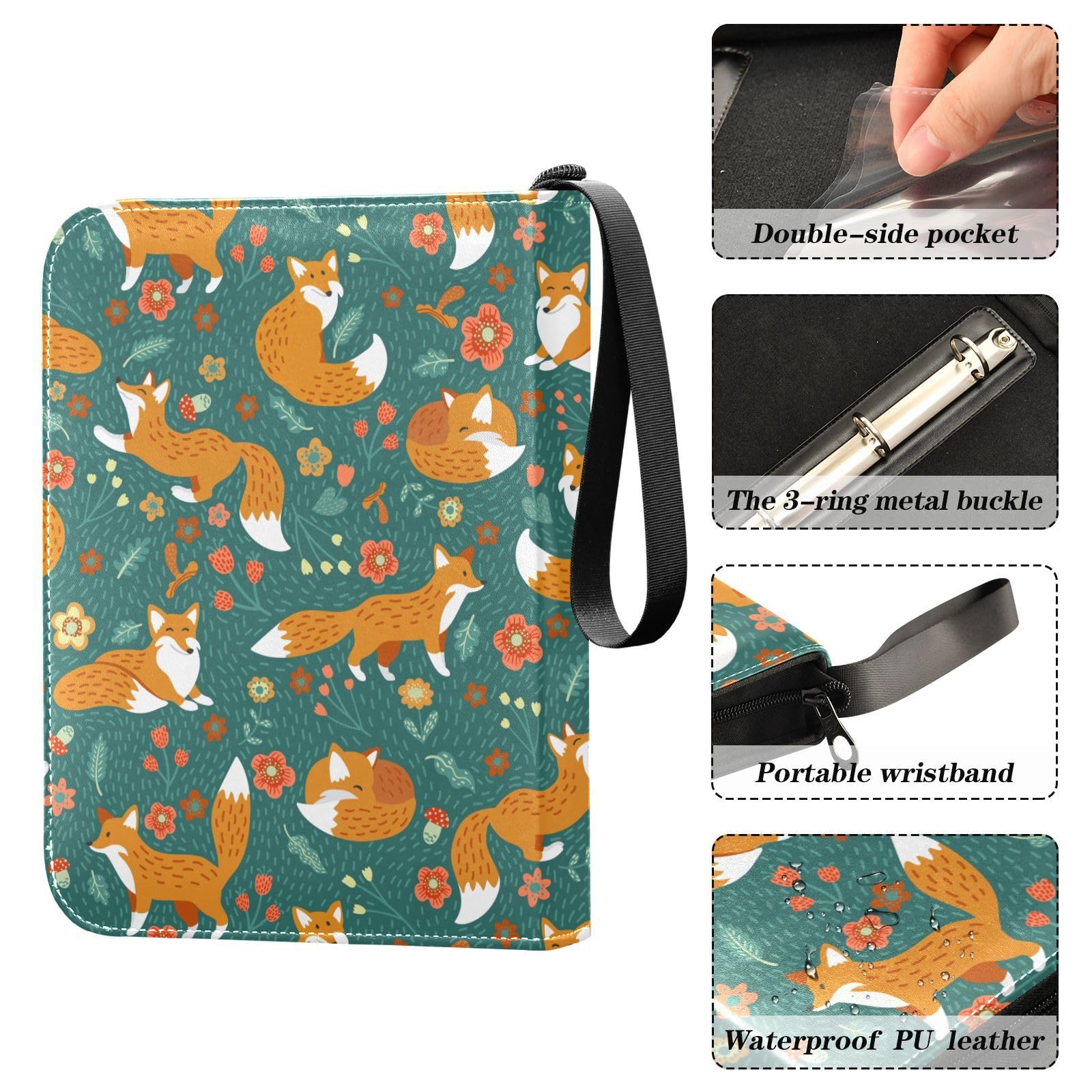 PYBUG Fox Trading Card Binder with Nylon Strap 4-Pocket Waterproof PU Leather Card Collection Binder for 400 Cards Sturdy Card Holder Folders for Game Cards,Sports Cards