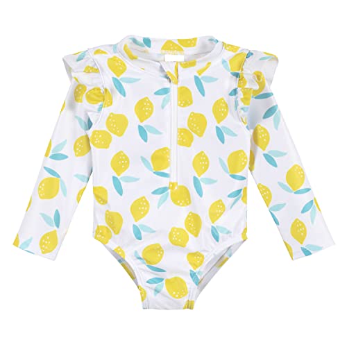 Gerber Girls' Toddler Long Sleeve One Piece Rashguard Swimsuit, White Yellow Lemons, 3T US