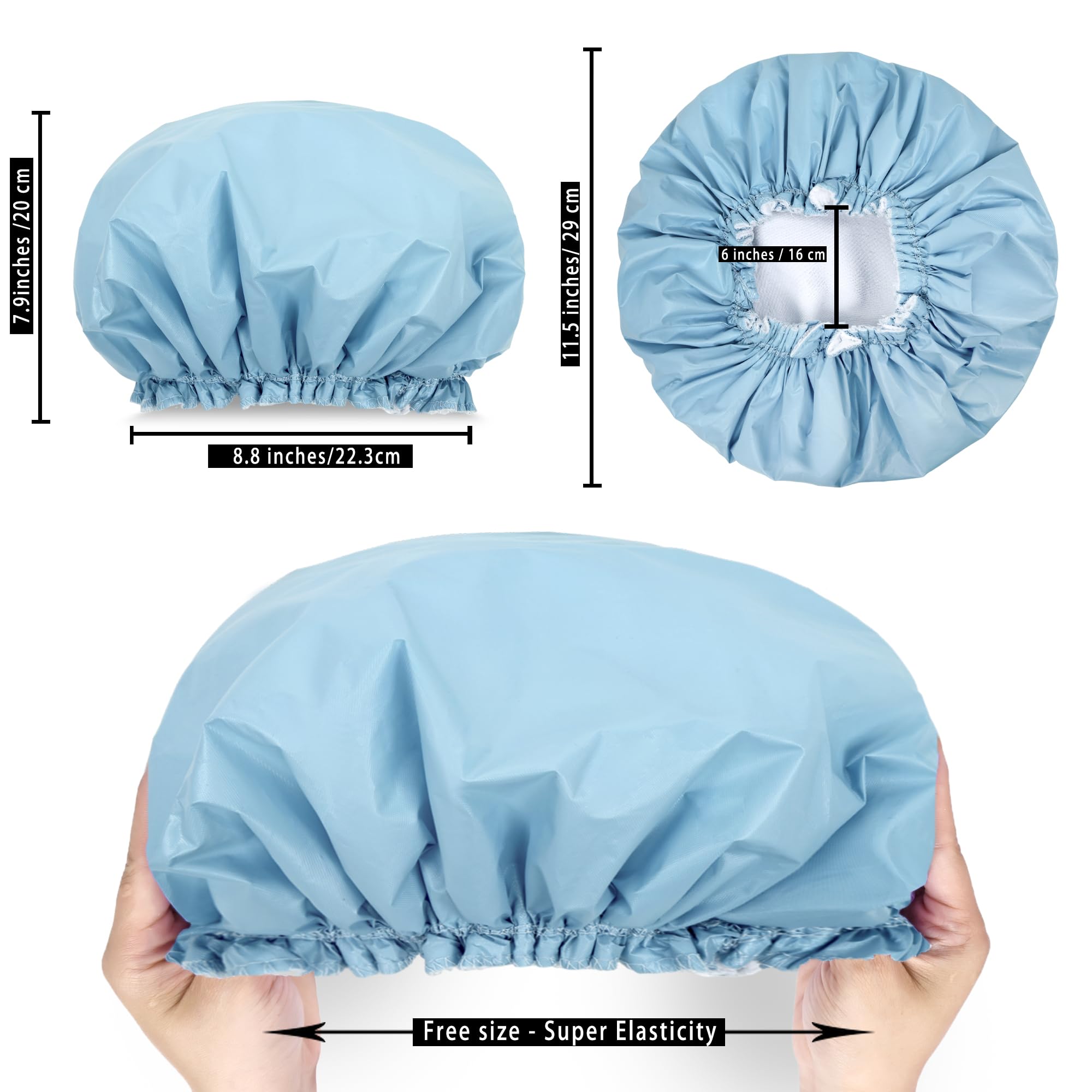 Shower Caps for Women, Terry Cloth Lined EVA Exterior Elastic and Reusable Bath Caps, Double Waterproof Layers Shower Cap, Bathing Shower Caps, Environmental Protection Bath Hair Cap - Blue