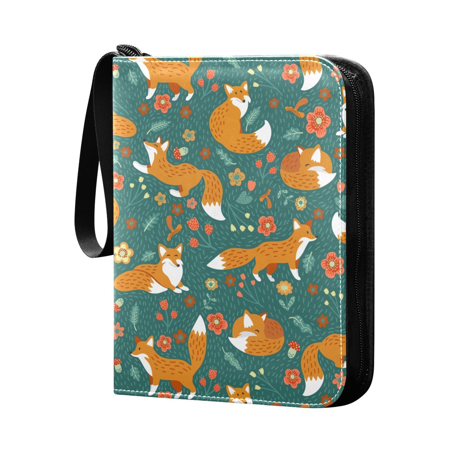 PYBUG Fox Trading Card Binder with Nylon Strap 4-Pocket Waterproof PU Leather Card Collection Binder for 400 Cards Sturdy Card Holder Folders for Game Cards,Sports Cards