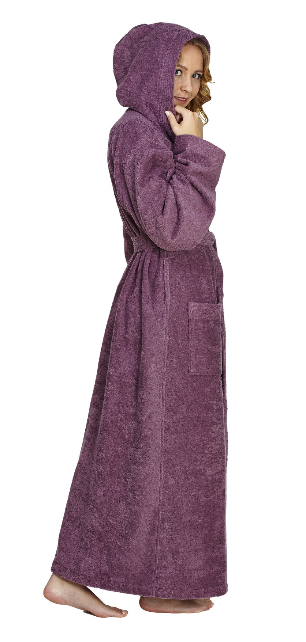 Arus Womens Pacific Long Style Full Length Robe Hooded Turkish Cotton Plum X-Large