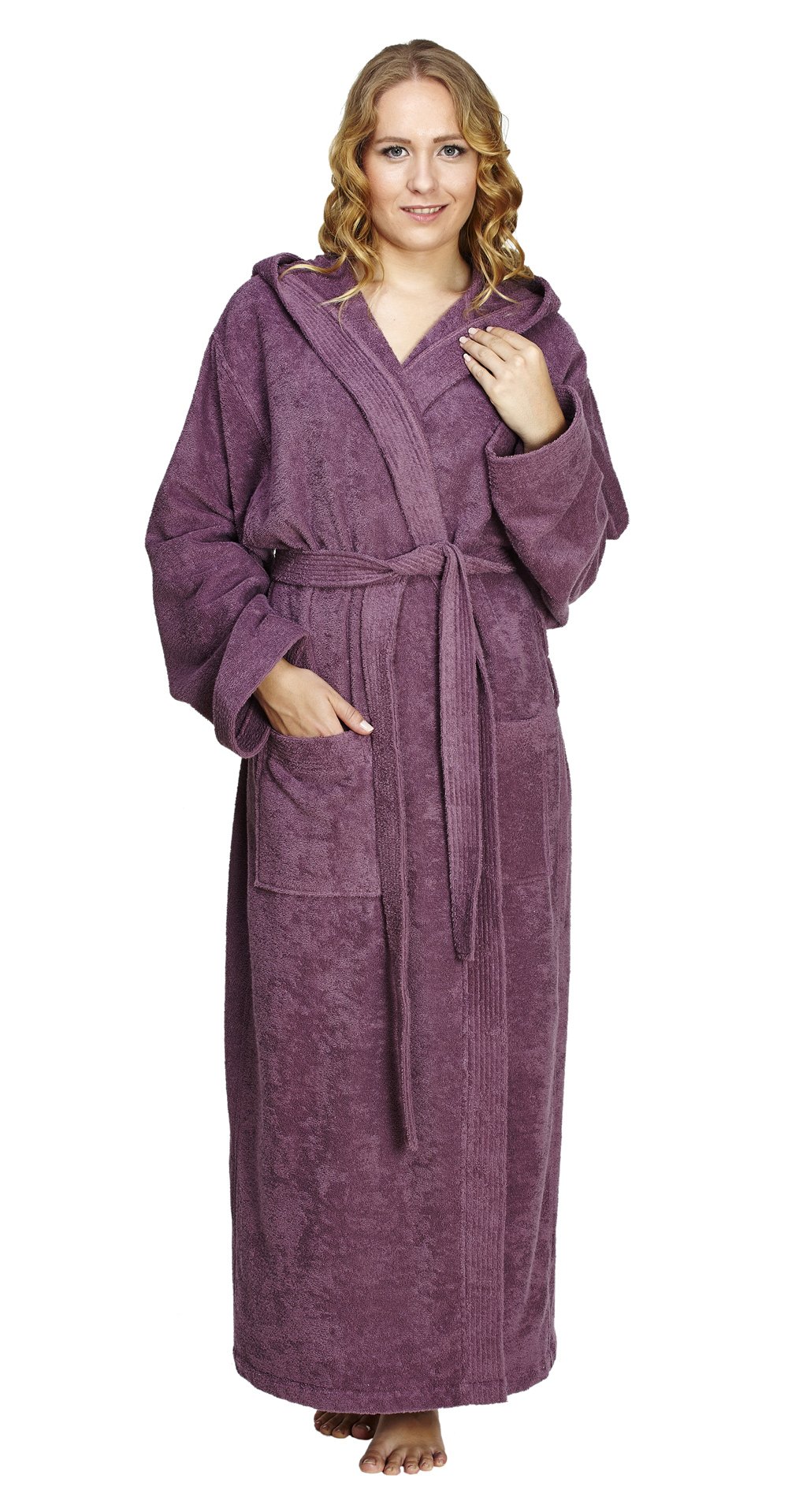 Arus Womens Pacific Long Style Full Length Robe Hooded Turkish Cotton Plum X-Large