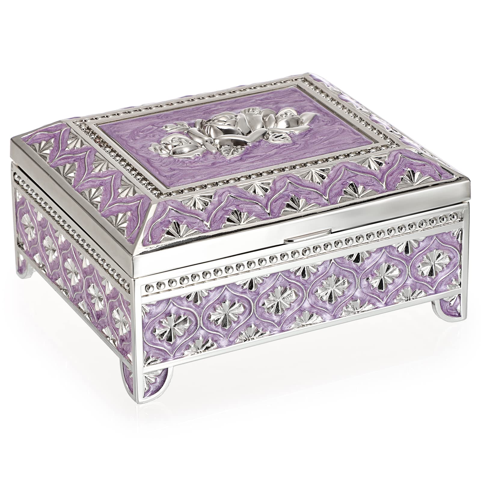 Hipiwe Vintage Metal Jewelry Box Trinket Storage Box Rectangle Treasure Chest Case Earring Ring Necklace Bracelet Organizer Decorative Keepsake Box Birthday Gift for Women Girls
