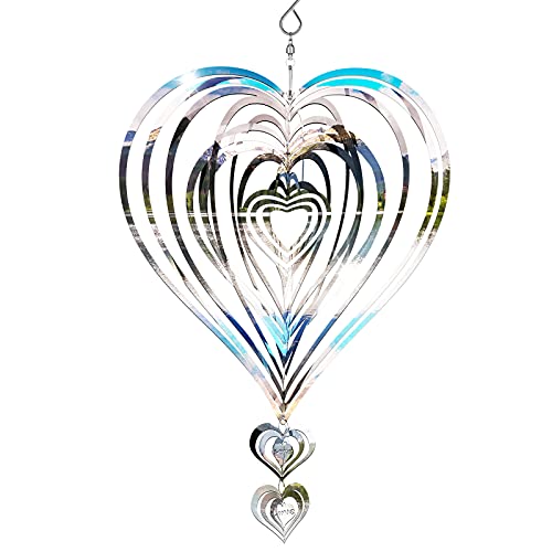 Chitidr 3D Stainless Steel Wind Spinner Beating Heart Wind Spinner Flowing-Light Effect Wind Chime with 2 Pieces Mini Heart Decor for Outdoor Garden Decorations
