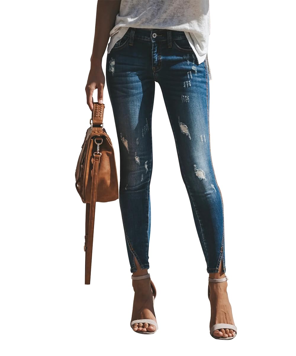 KUNMI Women's Mid Waisted Skinny Ripped Jeans Slim Fit Distressed Stretchy Denim Pants, 6, M002-blue