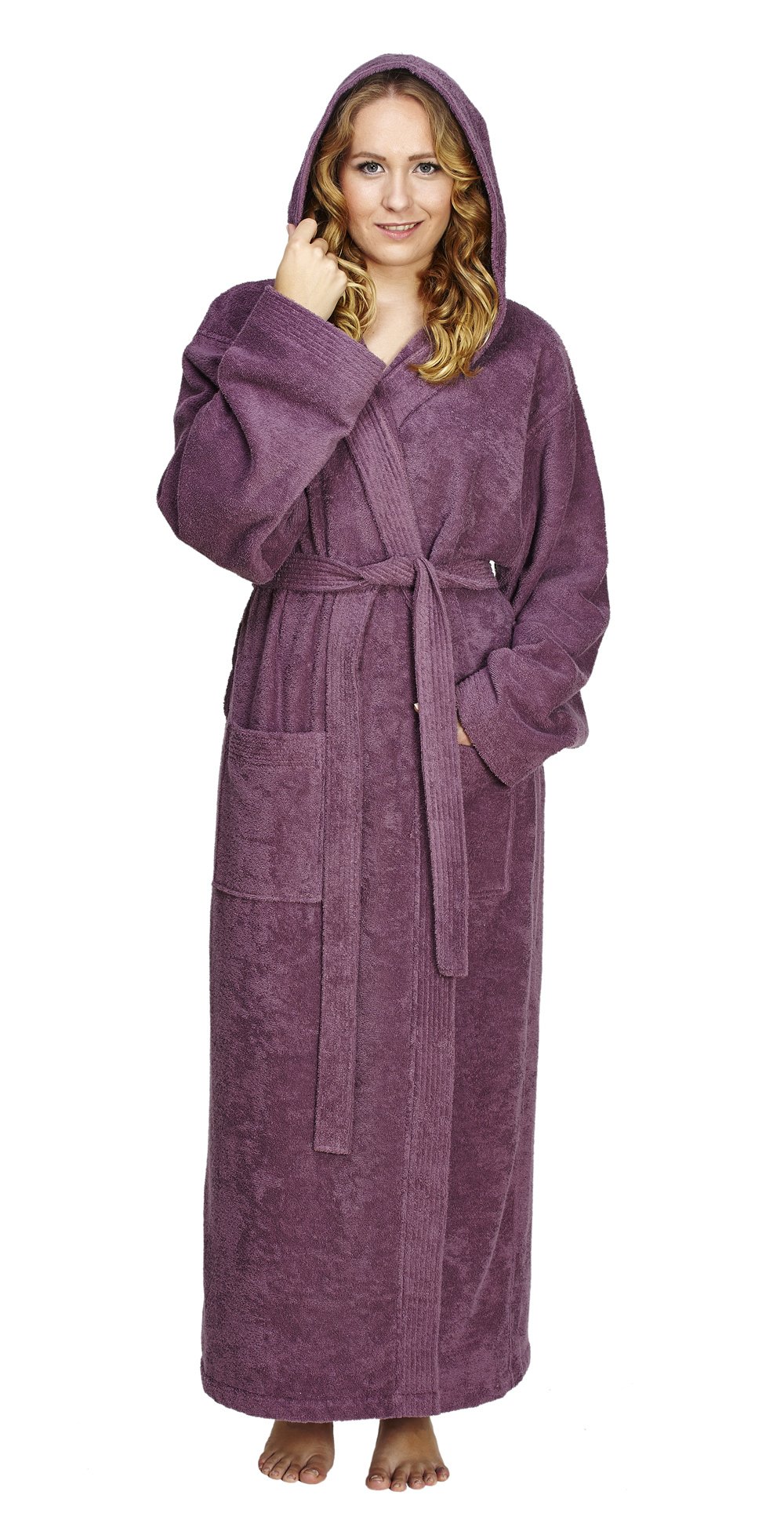 Arus Womens Pacific Long Style Full Length Robe Hooded Turkish Cotton Plum X-Large