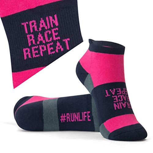 Gone For a Run Inspirational Athletic Running Socks | Women's Woven Low Cut | Inspirational Slogans | Over 25 Styles (Train Race Repeat (Pink/Navy))