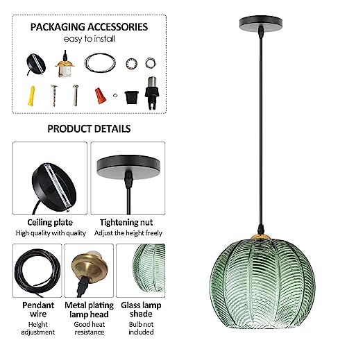 HDXZTQ Modern Pendant Light Kitchen Island 9.8in Glass Pendant Light Kitchen Pendant Lights Single Pendant Lights Pumpkin Design Small Pendant Light Adjustable, Green Pendant Light Fixture