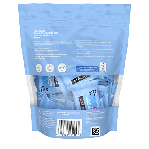 Neutrogena Makeup Remover Facial Cleansing Towelette Singles, Daily Face Wipes Remove Dirt, Oil, Makeup & Waterproof Mascara, Gentle, Individually Wrapped, 100% Plant-Based Fibers, 20 ct