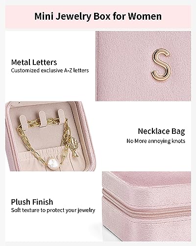 Vlando Travel Jewelry Case, Small Personalized Case, L Initial, Jewelry Organizer, Birthday Gift for Women Mom Grandma, Pink