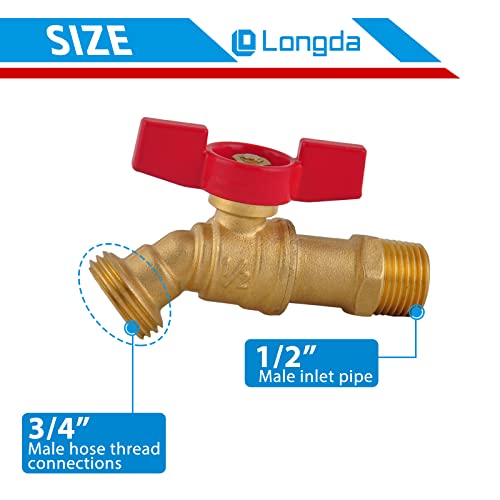 LD Longda Male Hose Bibb 1/2" MIP × 3/4" MHT with 1/4-Turn Water Hose Shut Off Valve, Hreaded Garden Hose Outlet Ideal for Gardens, patios, Boiler Drain (1-Pack)