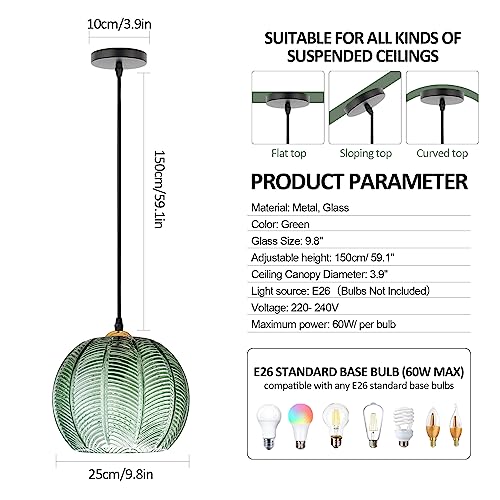 HDXZTQ Modern Pendant Light Kitchen Island 9.8in Glass Pendant Light Kitchen Pendant Lights Single Pendant Lights Pumpkin Design Small Pendant Light Adjustable, Green Pendant Light Fixture