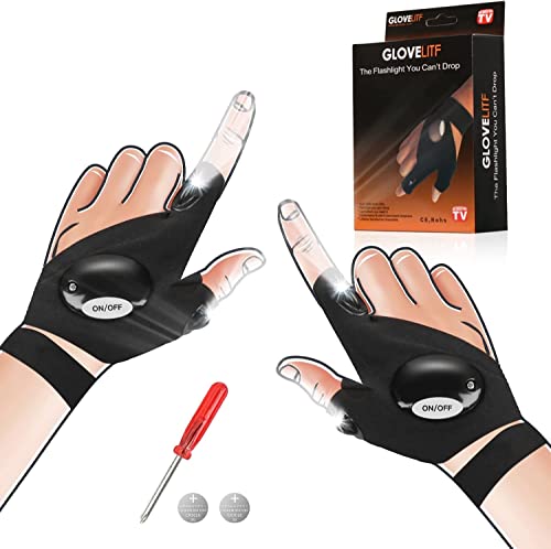 QEZEZA LED Flashlight Gloves, Gift for Man, Lighted Gloves for Men, Stretchy LED Fingerless Gloves, 1 Pair of Gloves and Replacement Battery, Screwdriver, Stocking Stuffers for Adults