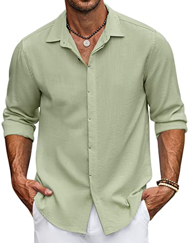 COOFANDY Men's Wrinkle Free Shirts Solid Wedding Shirts Long Sleeve Shirt Button Up Casual Relaxed-Fit Shirts Light Green