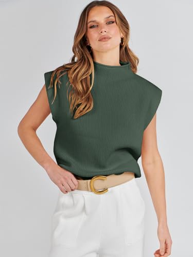 ANRABESS Women's Mock Neck Sleeveless Sweater Vest Casual Cap Sleeve Knit Pullover Tank Tops 2025 Spring Summer Clothes Green-S