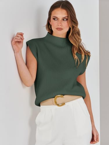ANRABESS Women's Mock Neck Sleeveless Sweater Vest Casual Cap Sleeve Knit Pullover Tank Tops 2025 Spring Summer Clothes Green-S