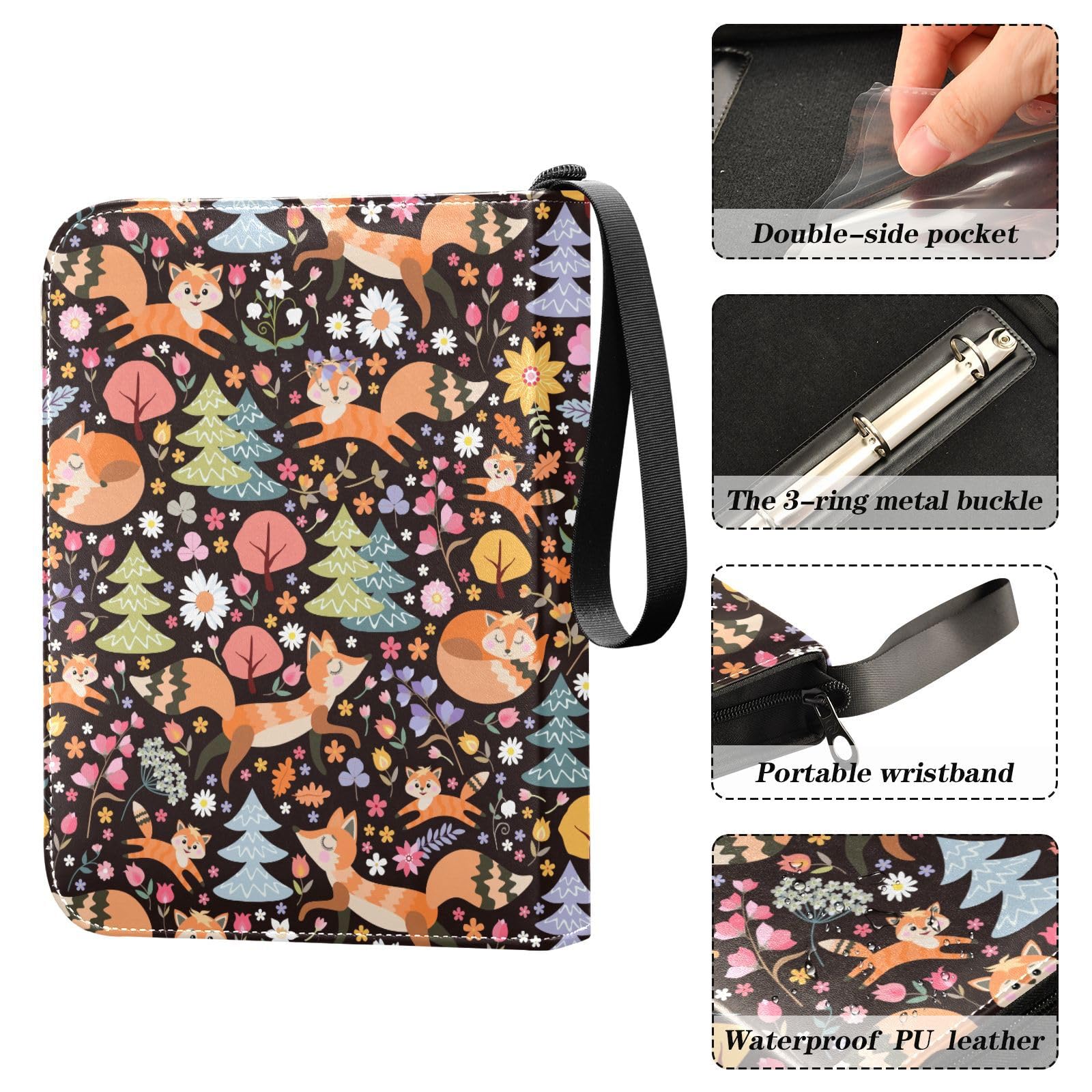 PYBUG Fox Trading Card Binder with Nylon Strap 4-Pocket Waterproof PU Leather Card Collection Binder for 400 Cards Sturdy Card Holder Folders for Game Cards,Sports Cards