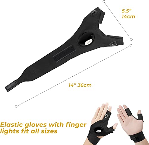 QEZEZA LED Flashlight Gloves, Gift for Man, Lighted Gloves for Men, Stretchy LED Fingerless Gloves, 1 Pair of Gloves and Replacement Battery, Screwdriver, Stocking Stuffers for Adults
