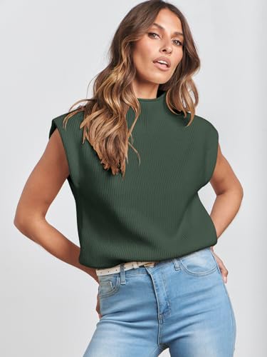ANRABESS Women's Mock Neck Sleeveless Sweater Vest Casual Cap Sleeve Knit Pullover Tank Tops 2025 Spring Summer Clothes Green-S