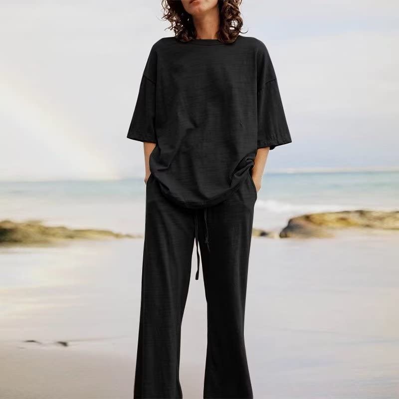 Yanfoam Women's 2 Piece Casual Outfits Short Sleeve Crew Neck Shirt Wide Leg Trouser Sets Suit Black M