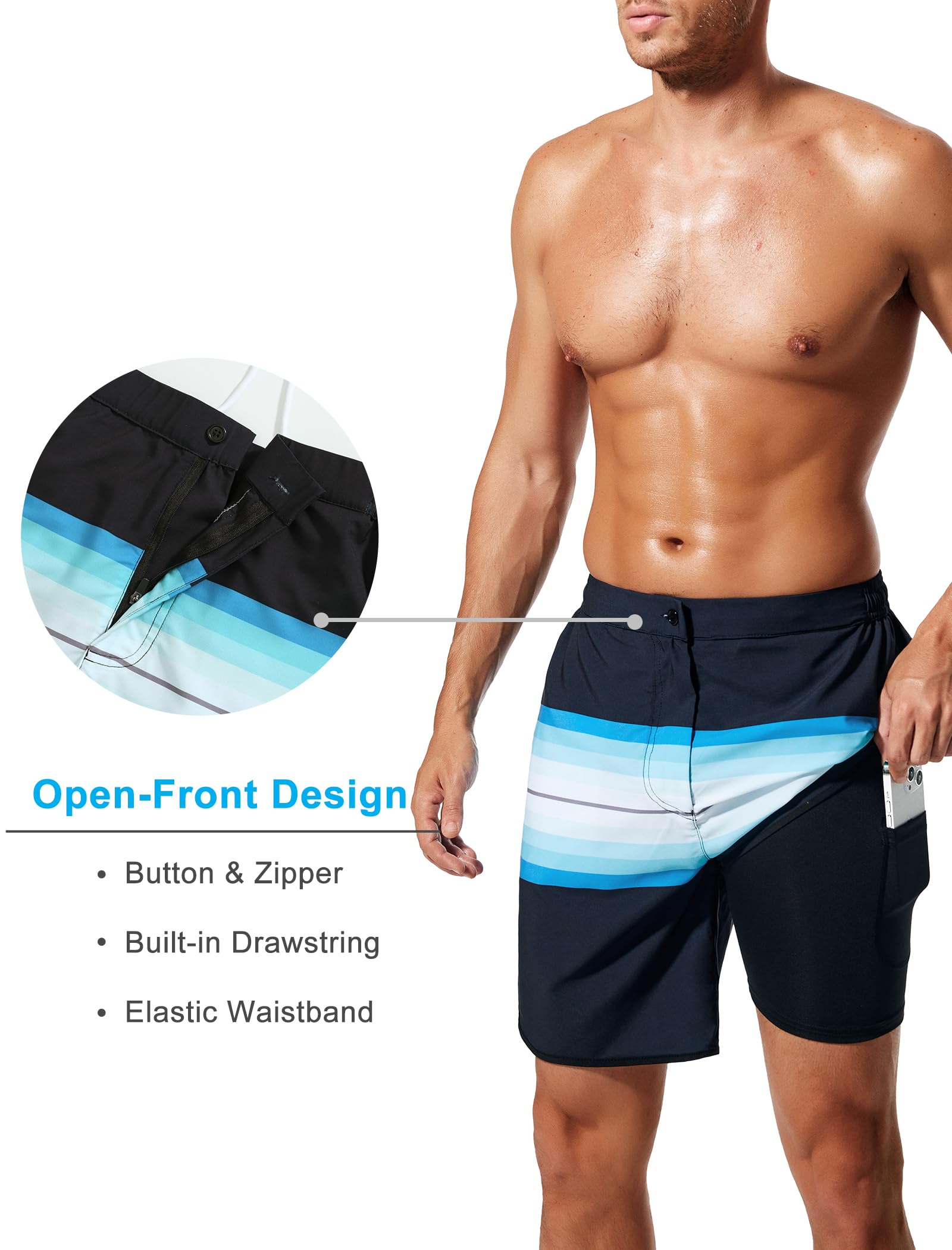 SILKWORLD Mens Swim Trunks 2 in 1 Quick Dry 7 Inch Swimming Shorts with Zipper Pockets, Navy Blue Stripe, Large