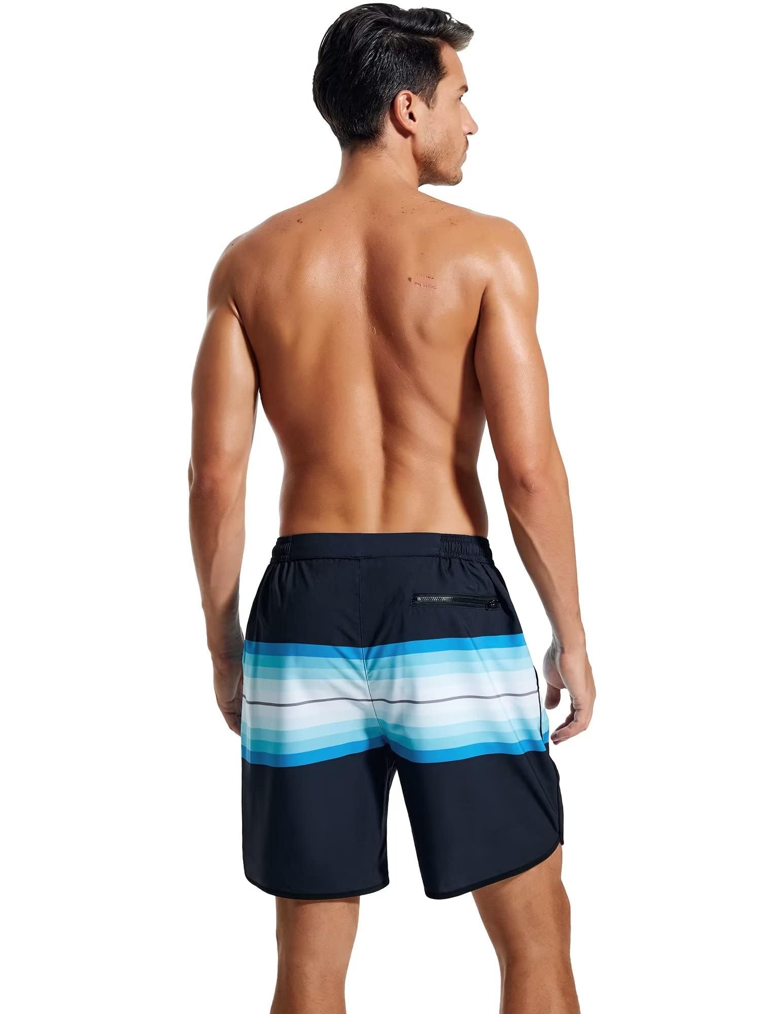SILKWORLD Mens Swim Trunks 2 in 1 Quick Dry 7 Inch Swimming Shorts with Zipper Pockets, Navy Blue Stripe, Large