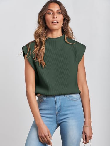 ANRABESS Women's Mock Neck Sleeveless Sweater Vest Casual Cap Sleeve Knit Pullover Tank Tops 2025 Spring Summer Clothes Green-S