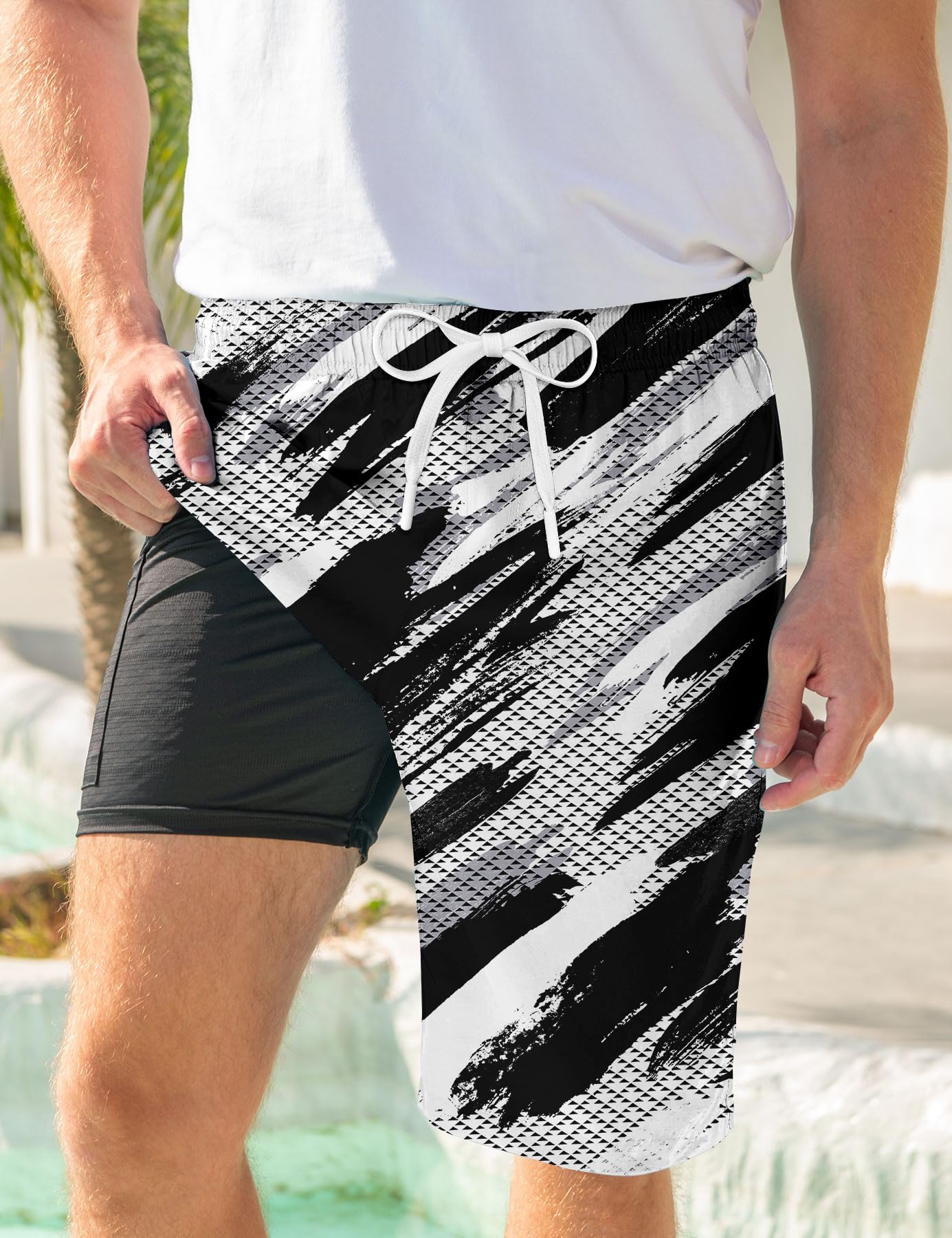 Goodstoworld Mens Swimming Trunks Compression Liner Swimwear Swim Board Shorts 9 Inch Inseam Beach Bathing Suits Black White Graffiti