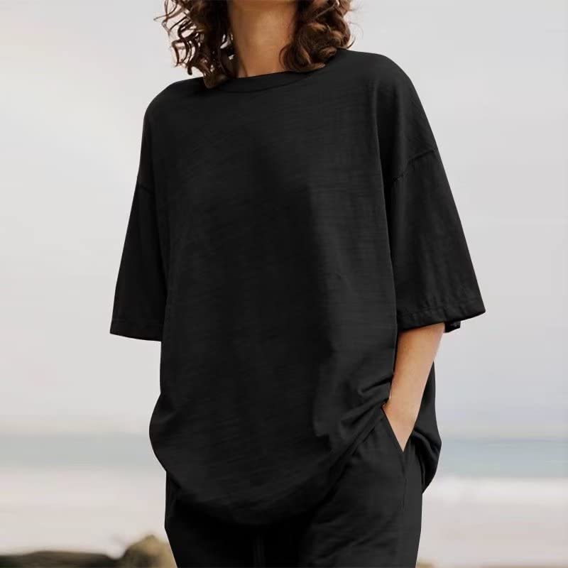 Yanfoam Women's 2 Piece Casual Outfits Short Sleeve Crew Neck Shirt Wide Leg Trouser Sets Suit Black M