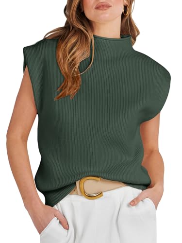 ANRABESS Women's Mock Neck Sleeveless Sweater Vest Casual Cap Sleeve Knit Pullover Tank Tops 2025 Spring Summer Clothes Green-S