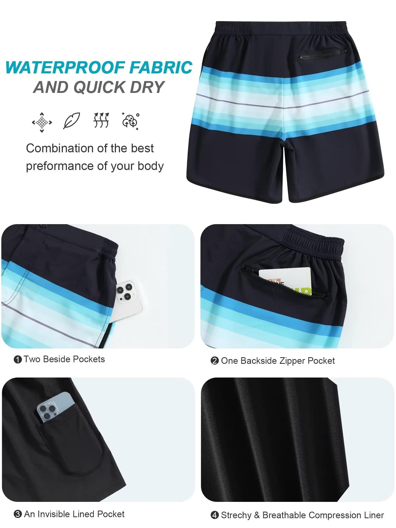 SILKWORLD Mens Swim Trunks 2 in 1 Quick Dry 7 Inch Swimming Shorts with Zipper Pockets, Navy Blue Stripe, Large